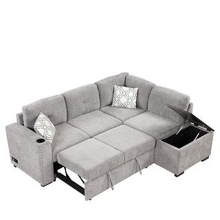 83.8" Reversible Sectional Pull-Out Sofa Bed L-Shaped Corner Sofa Couch w/ Storage Chaise, USB ...